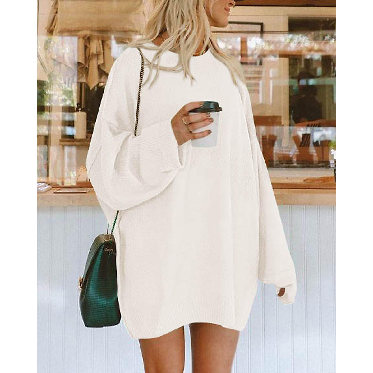 BTFBM 2025 Womens Sweaters Casual Crewneck Long Sleeve Oversized Sweater Dress Fall Winter Loose Slouchy Soft Pullover(Solid White, X-Large)