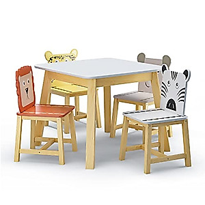YUNLife&Home 5-Piece Kiddy Kitchen and Dining Room Furniture, Cartoon Animals Wood Table with 4 Chairs Sets for Kids Toddlers Girls Boys, 23.6'' W x 23.6'' D x 19.7'' H, White