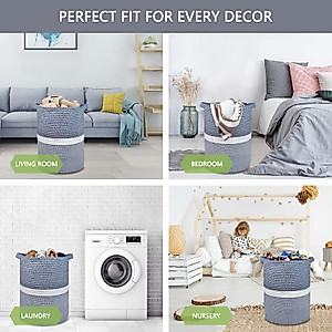 BOSROTY Large Blanket Basket, Tall Laundry Basket 72L, Nursery Hamper, Laundry Hamper, Clothes Basket Laundry, Large Storage Basket, Cotton Rope Basket, Toy Basket, 16”x 22”,Blend Navy Blue & White