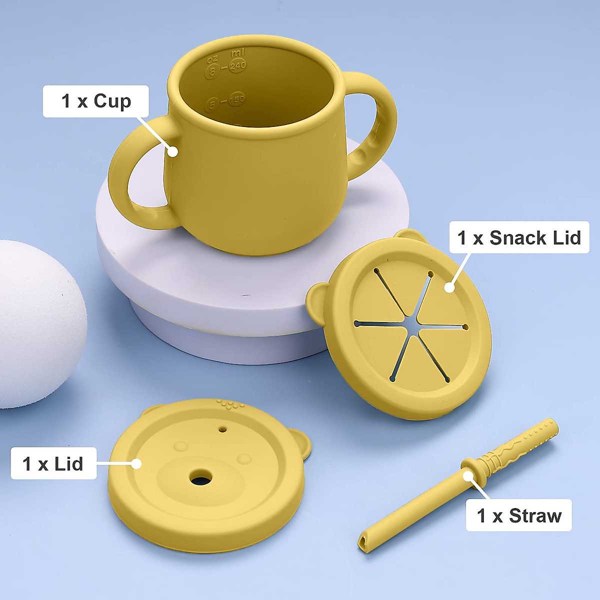 Baby Straw Cup Silicone Toddler Sippy Cup with Straw & Snack Lid, Sprill Proof Training Cup for Infant 6+ Months, Kid Snack Cup Drinking Open Cup 8 OZ (Waterspout Blue)