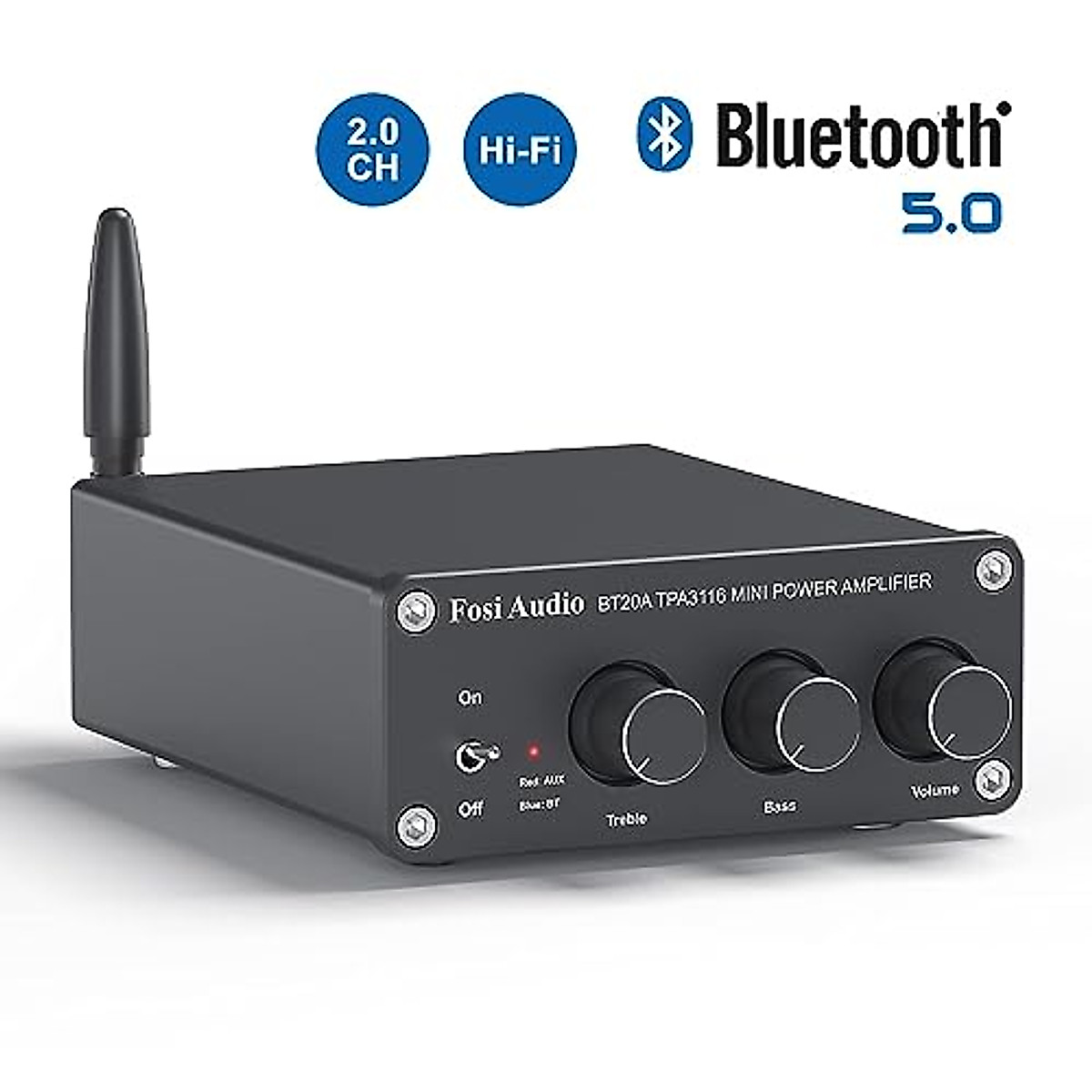 Fosi Audio BT20A Bluetooth 5.0 Stereo Audio 2 Channel Amplifier Receiver Mini Hi-Fi Class D Integrated Amp 2.0 CH for Home Speakers 100W x 2 with Bass and Treble Control TPA3116 (with Power Supply)