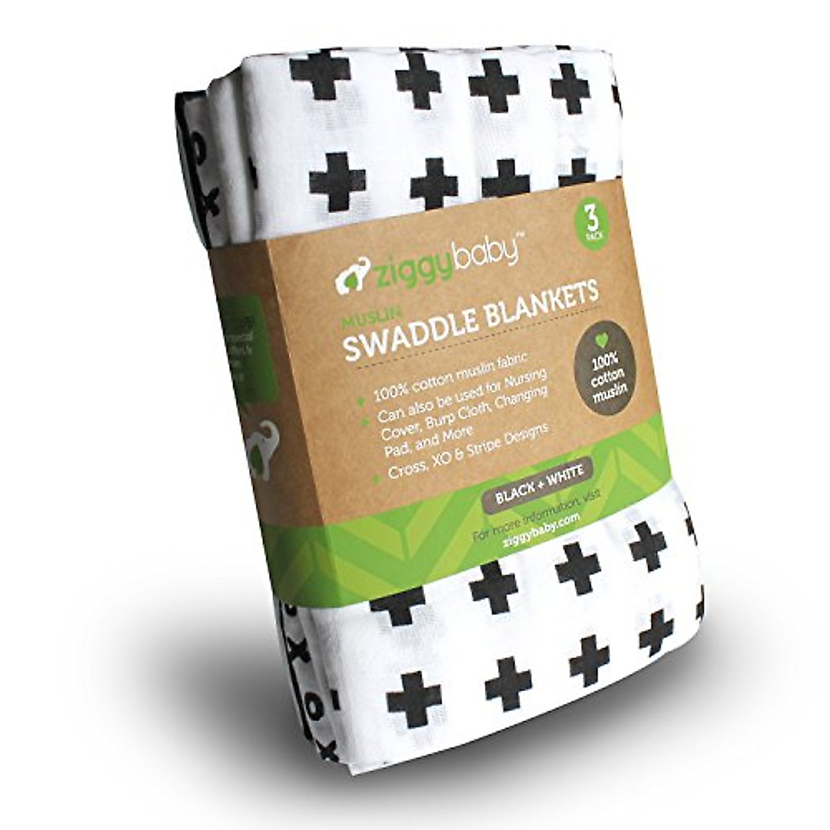 Muslin Baby Swaddle Blankets, 47x47 (3 Pack) Black, White, XO, Stripe, Cross