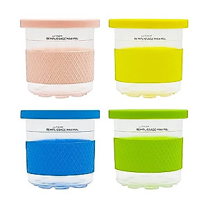 CXQ 4 Pack Replacement Ice Cream Pints with Silicone Lids and Sleeves，Compatible with Ninja Creami Ice Cream Maker, Model: NC301, NC300, NC299AMZ Series. (Pink/Yellow/Blue/Green)