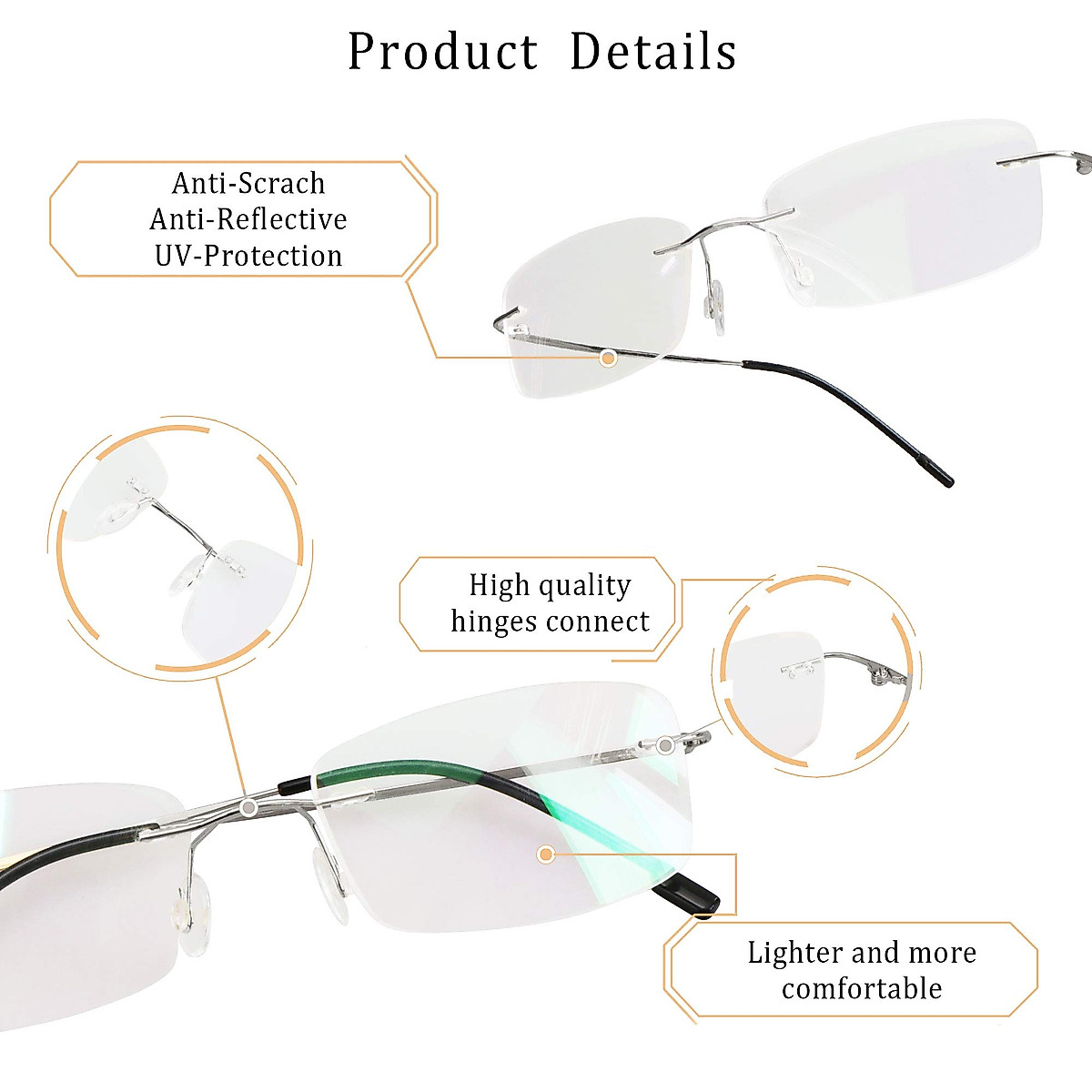 LifeArt Blue Light Blocking Computer Reading Glasses, Men’s and Women’s Rimless Frame, Anti Eyestrain, +0.00 Magnification
