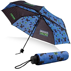 Minecraft Kids Folding Umbrellas, Durable & Compact Umbrella, Windproof Travel Umbrella for Boys and Girls (Black/Blue)