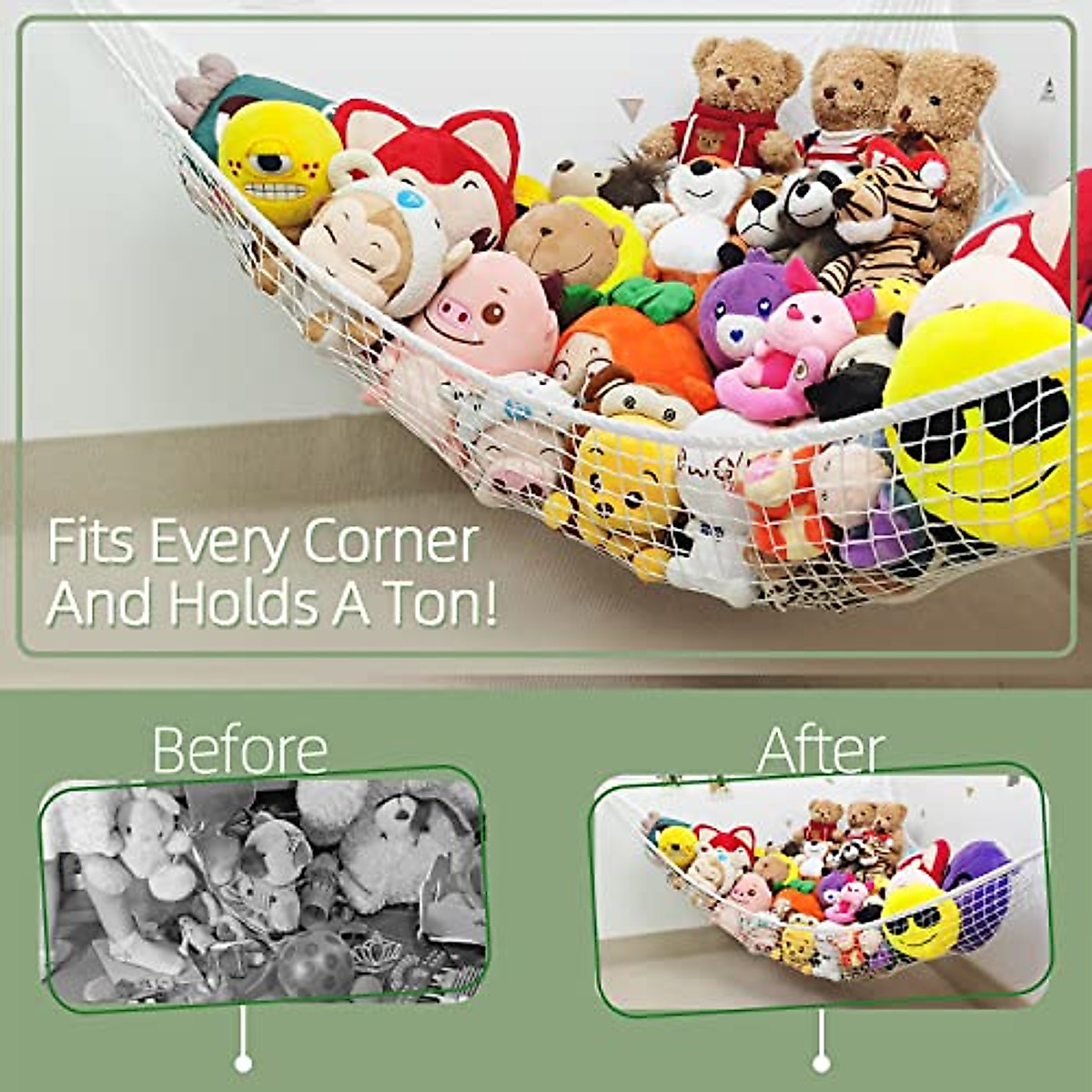 Stuffed Animal Hammock Net, Toy Storage Organizer with Extra Large Design, Corner Hanging Holder and Great Decor for Kids Bedroom, Baby Nursery Room, Expands to 5.9 Feet