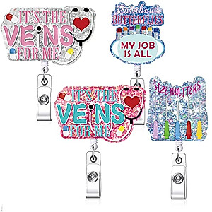 Geyee 4 Pack Nurse Badge Reel Retractable Badge Holder Funny Bling Blood Phlebotomist Badge Clips Cute Phlebotomist Nursing ID Badge Holder with Clip for Office School Hospital Nurses Teacher