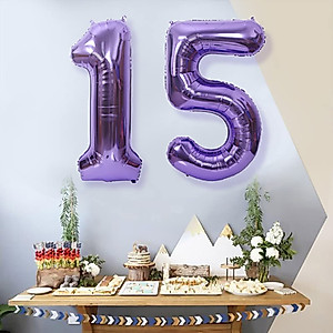 Maigendoo Jumbo 15 Number Balloon 40 Inch Large Digit Balloons Huge Helium Balloon Foil Mylar Balloon with Swirl Decorations for 15th Birthday Party Graduation Celebration Anniversary Event, Purple