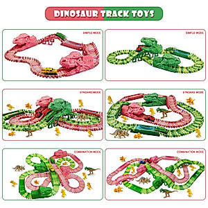 Dinosaur Toys for Kids Green and Pink Double Dinosaur Tracks Race Car Create Flexible Tracks Dinosaue World Playset 284 pcs for Gifts