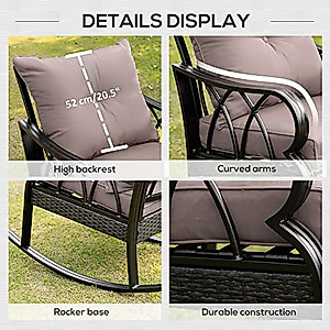 Outsunny Outdoor Wicker Rocking Chair with Padded Cushions, Aluminum Furniture Rattan Porch Rocker Chair w/Armrest for Garden, Patio, and Backyard, Grey