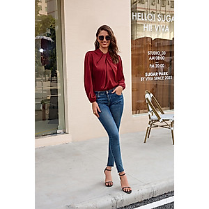 Ladies Workwear 2023 Trendy Summer Fall Mock Neck Lantern Long Sleeve Blouse Shirt Twist Front Top Wine Red XXL