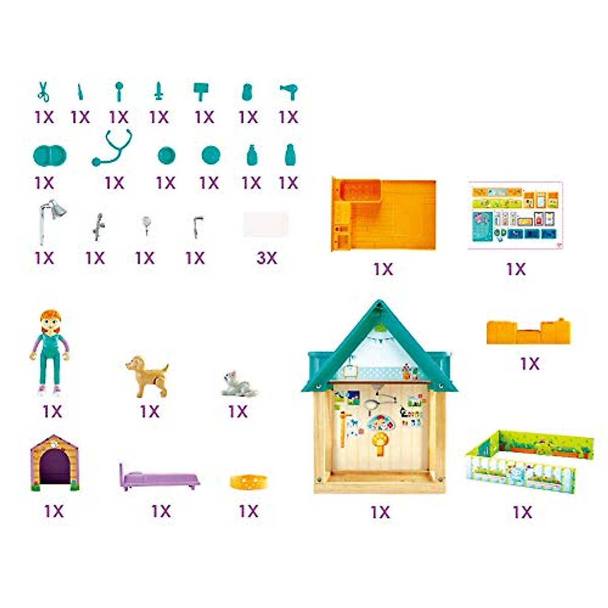 Hape Furry Friend Vet Set | 30 PCs Wooden Veterinary Fully Furnished Dolls House Pretend Playset with Accessories for Kids Age Years 3 and Up