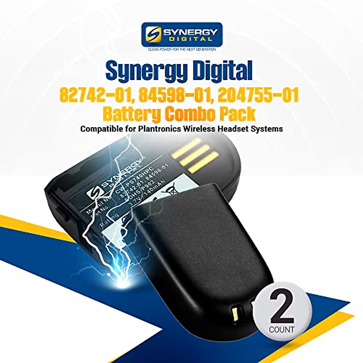 Synergy Digital 82742-01, 84598-01, 204755-01 Battery Combo Pack Compatible for Plantronics Wireless Headset Systems - Pack of 2 Replacement Lithium Polymer Battery Automatically Recharges in Cradle