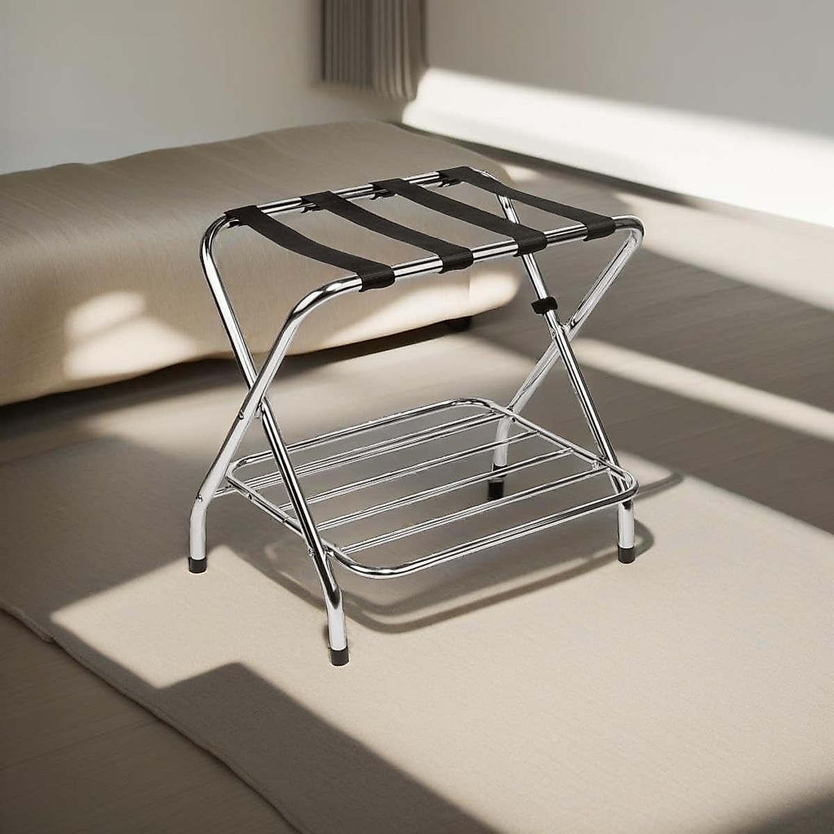 USTECH Luggage Rack-Double Tier, Chrome, Self Asssembly, Foldable Rack for Guest Room