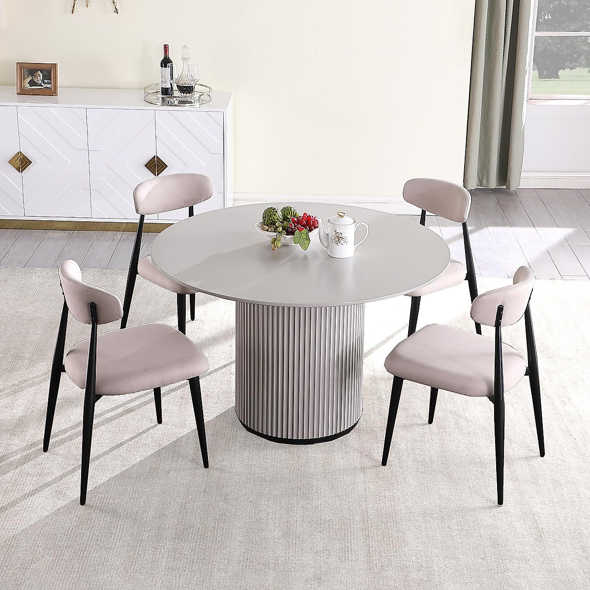 LyuHome 47.24" Round Wood Dining Table, Modern Kitchen Table with Wooden Pedestal Base, Mid Century Circular Tabletop Leisure Coffee Table Dining Room Table Furniture φ47.24"x29.52"H Grey