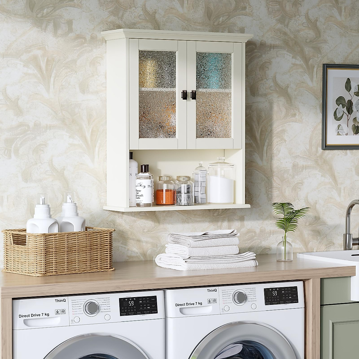 MXARLTR Wall Mount Bathroom Storage Cabinet, Medicine Cabinet with Tempered Glass Door and Buffering Hinge Over Toilet Storage Cabinet Wall Mounted Organizer Above Toilet Storage Cabinet (Cream White)