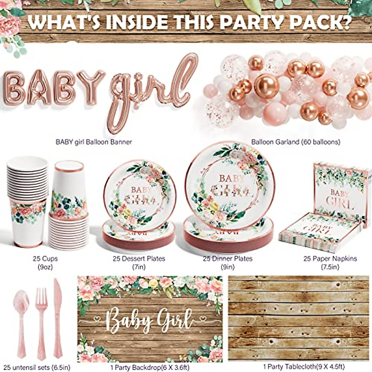 Ecomore Baby Shower Decorations for Girl - 249 PCS Baby Girl Gender Reveal Party Supplies & Disposable Dinnerware Set (25 Guest) with Pink Rose Gold Floral Paper Plates Backdrop Tablecloth Balloon Kit