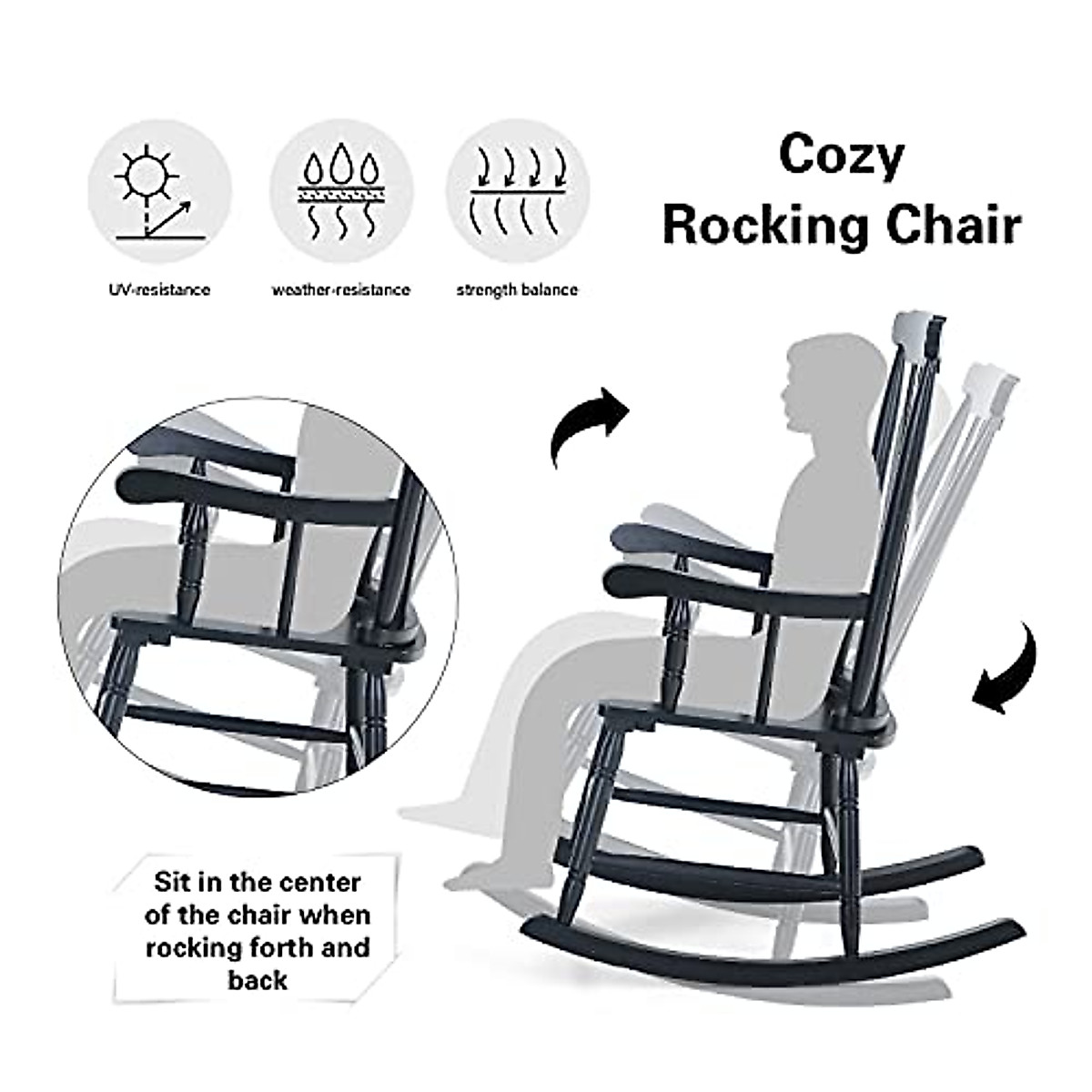 MFSTUDIO Patio Rocking Chair for Porch,Garden,Backyard,Indoor&Outdoor Wooden Frame Rocker Single Chair,Black
