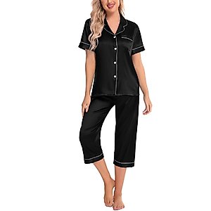 SWOMOG Satin Pajama Set Women Silk Pjs Set Short Sleeve 2 Piece Button Down Sleepwear Lounge Sets Black