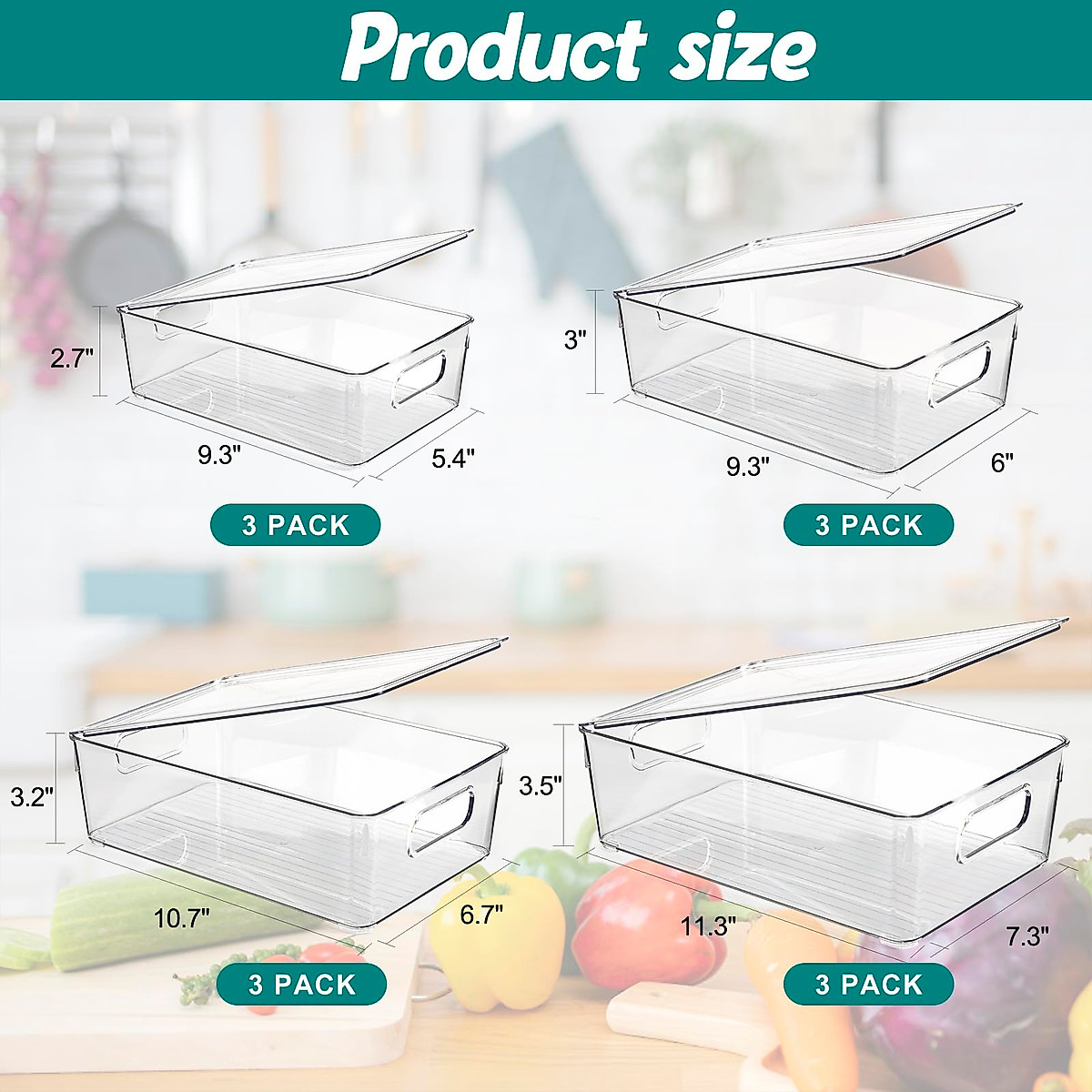 MASSUGAR Refrigerator Organizer Bins with Lid, 12 Pack Plastic Freezer Organizer Bins - Stackable Fridge Organizers and Storage for Freezer, Kitchen - Clear Pantry Organization and Storage Bins