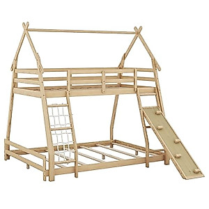 RORIGAT Twin Over Queen House Bunk Bed with Climbing Nets and Climbing Ramp, Wooden Low BunkBed Frame for Kids Boys Girls Bedroom,Natural