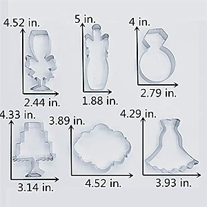 LILIAO Wedding Cookie Cutter Set for Anniversary/Bridal/Engagement - 6 Piece - Diamond Ring, Wedding Dress, Cake, Plaque, Champagne with Ribbon and Champagne Glass with Ribbon - Stainless Steel