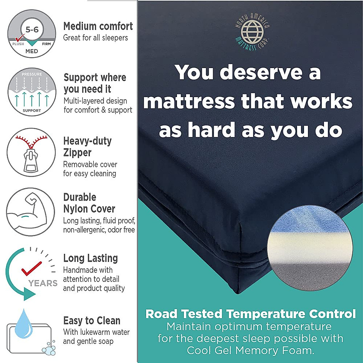 American Road Dream - Medium Comfort, Cool Gel Memory Foam Truck Mattress, 80" x 30" x 5"