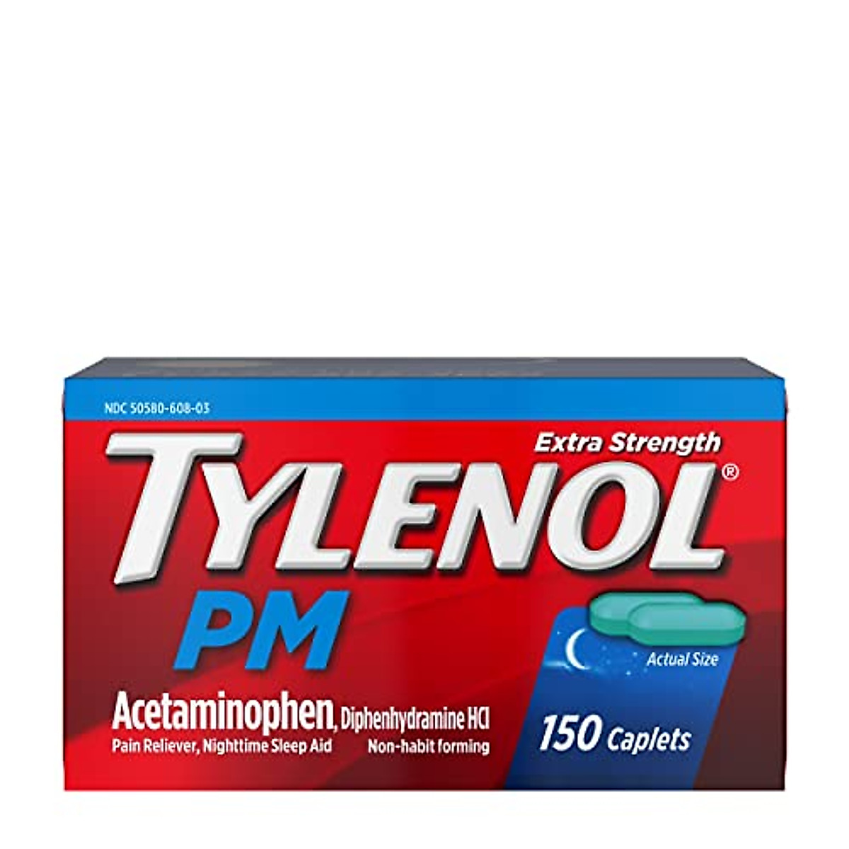 Tylenol PM Extra Strength Nighttime Pain Reliever & Sleep Aid Caplets, 500 mg Acetaminophen & 25 mg Diphenhydramine HCl, Relief for Nighttime Aches & Pains, Non-Habit Forming, 150 ct