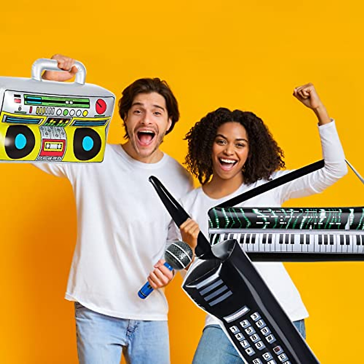 4PCS Inflatable Funny Radio Boom Box Mobile Phone Props Microphone Electronic Organ PVC Inflatable Toys For for 80s 90s Party Decorations Hip Hop Theme Birthdays Party Supplies Party Decorations