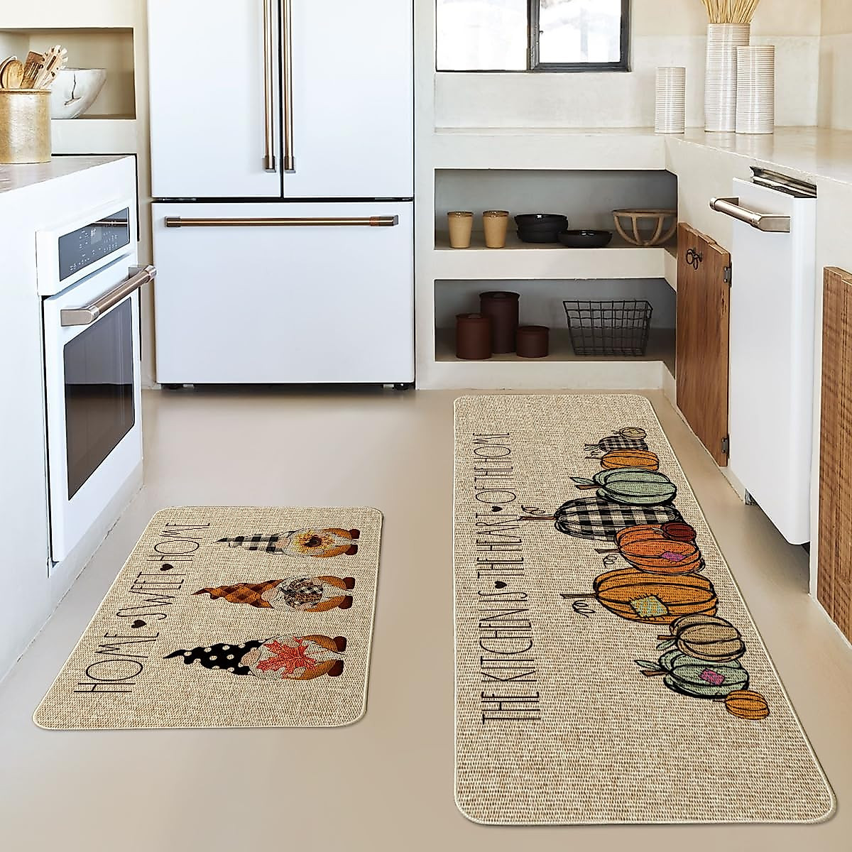 Artoid Mode Home Sweet Home Gnome Pumpkin Decorative Kitchen Mats Set of 2, The Kitchen is The Heart of The Home Seasonal Fall Holiday Party Vintage Low-Profile Floor Mat - 17x29 and 17x59 Inch