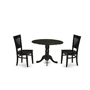 East West Furniture DLVA3-BLK-W 3 Piece Dinette Set for Small Spaces Contains a Round Dining Table with Dropleaf and 2 Dining Chairs, 42x42 Inch, Black