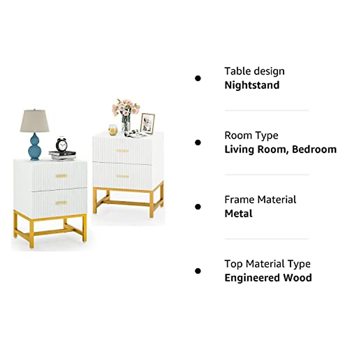Tribesigns 2-Drawer Nightstand Set of 2, Modern Striped Night Stands Bed Side Table with Storage, White and Gold End Table Wood Metal Side Table for Living Room, Bedroom