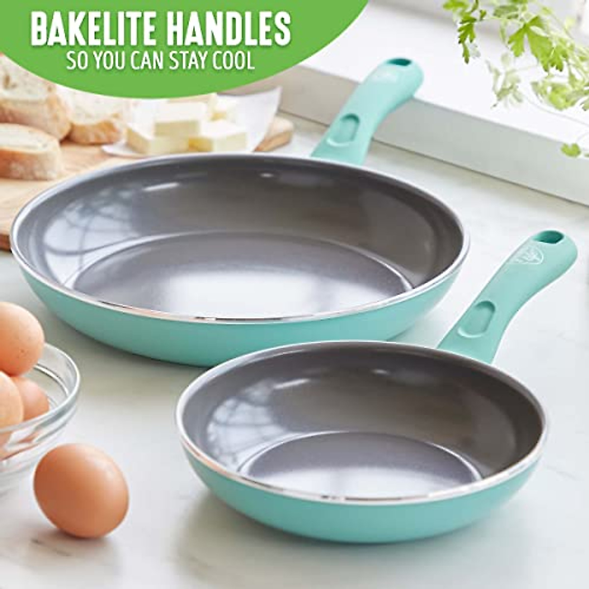 GreenLife Soft Grip Diamond Healthy Ceramic Nonstick, 7" and 10" Frying Pan Skillet Set, PFAS-Free, Dishwasher Safe, Turquoise