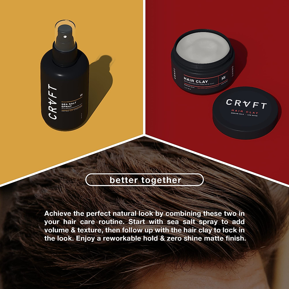 CRVFT Hair Clay 2.8oz + Sea Salt Spray 6oz Men's Bundle - Medium + Light Hold - Matte + Natural Finish - Volume + Texture + Prestyler - Stylist Approved - Scented