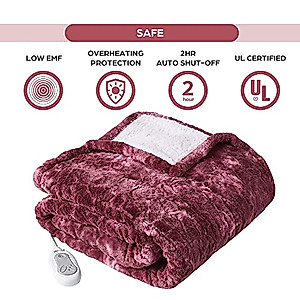 Codi Soft Oversize Heated Throw Blanket, Burgundy Faux Fur with Fuzzy Sherpa Back | 60 x 70 Oversized Electric Throws for Couch | 3 Heat Setting with Auto Shut Off, 6ft Power Cord | Washable