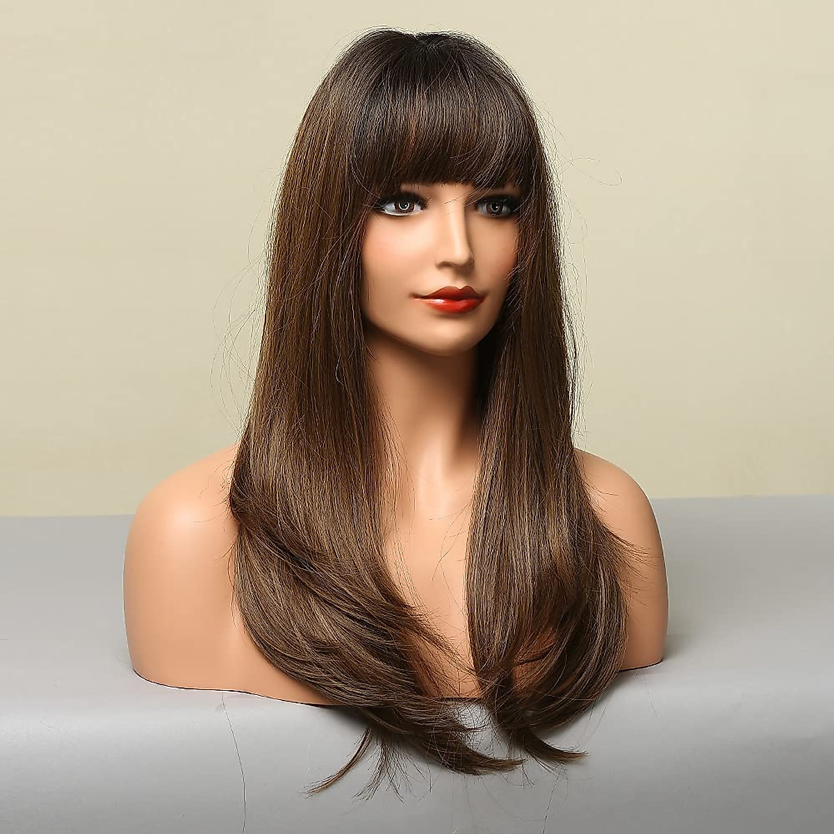 HAIRCUBE Brown Wigs for Women Long Straight layered Wig with Bangs Heat Resistant Fiber Synthetic Wigs Daily Natural looking