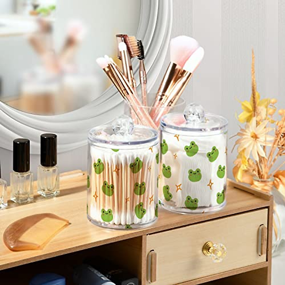 Bulletgxll Apothecary Jar with Lids 2 Pack Cute Frog Qtip Holder Clear Plastic Containers Bathroom Vanity Countertop Organizer for Cotton Swabs, Cosmetic Pads, Sponges, Flossers