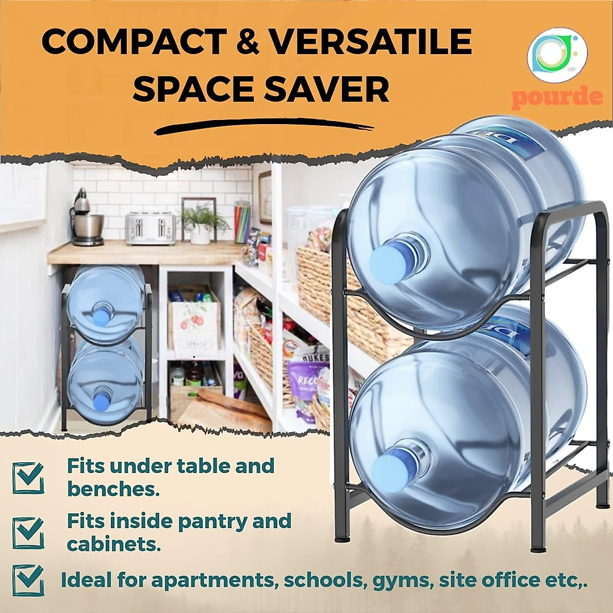 POURDE WATER COOLER JUG RACK 5 GALLON BOTTLE HOLDER 12.9''x13.4''x19.3'' STURDY STEEL FRAME STAND EXCELLENT HOME OFFICE SPACE SAVER ORGANIZER SINGLE 2-TIER (BLACK)