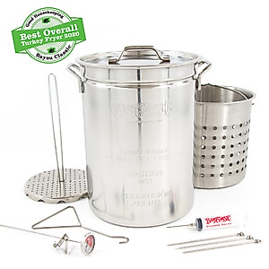 Bayou Classic 1118 32-qt Stainless Steel Turkey Fryer Perfect For Frying Up To 18-lb Turkeys Includes Perforated Poultry Rack and Lift Hook 12-in Stainless Thermometer 1-oz Seasoning Injector