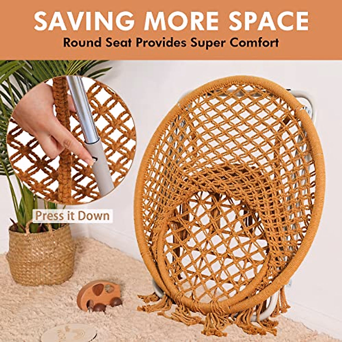 PASAMIC Boho Chair with Folding Metal Frame, 100% Cotton Handmade Round Cozy Chairs, Exquisite Comfy Chair for Bedroom, Living Room Décor Coffee