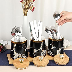 JUXYES Set of 3 Canisters Set for Sugar Coffee Tea with Airtight Lid, Ceramic Storage Containers Sets Black Storage Pots with Tray Storage Jar Decorative Canisters Sets for for Kitchen Counter