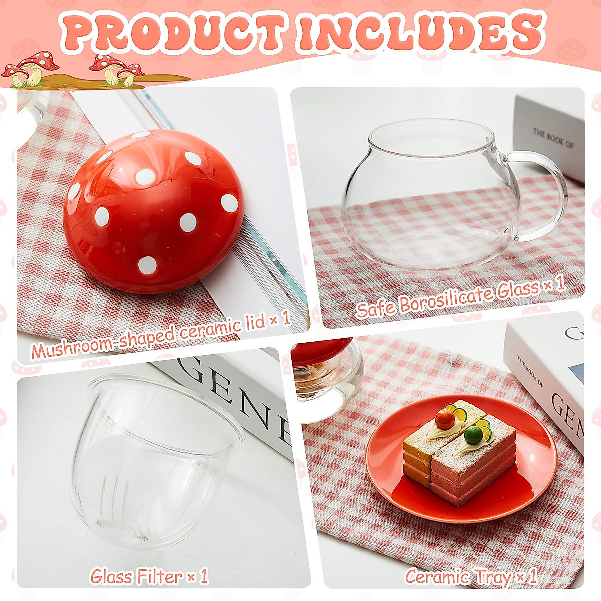 Irenare 2 Sets Mushroom Mug Cute Mushroom Cup with Infuser Lid Coaster Cute Coffee Cups Mushroom Teapot Glass Tea Mug Kawaii Teacup for Christmas Gift, 11 Oz, Orange and Green