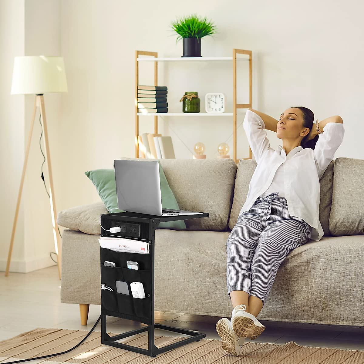 Set of 2 C Shaped End Table with Charging Station, Snack Side Table, C Tables for Couch, Couch Tables That Slide Under, for Living Room, Bedroom, Black