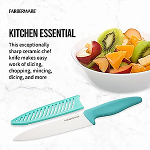 Farberware Ceramic Chef Knife with Custom-Fit Blade Cover, Razor-Sharp Kitchen Knife with Ergonomic Handle, Dishwasher-Safe, 6-inch, Aqua