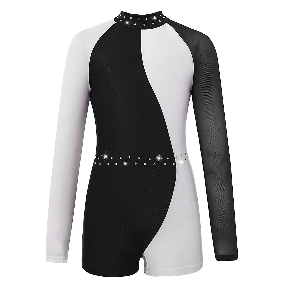 FEESHOW Leotards for Girls Gymnastics Children Long Sleeve Zipper Back Biketard Unitard Jumpsuit with Shorts Black&White 14 Years