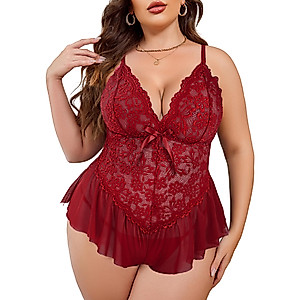 Avidlove Plus Size Women Lingerie Bodysuit Sexy Lace Teddy One Piece Babydoll Chemise L-4XL Dark Red