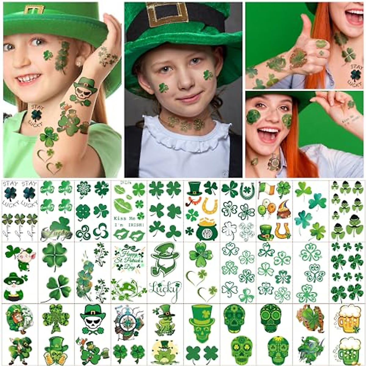 St Patricks Day Temporary Tattoos，70 Sheets 200+ Styles St Patricks Decoration Green Clover Shamrock Leprechauns Irish Flag Party Accessories Fake Tattoo Stickers for Men Women kids