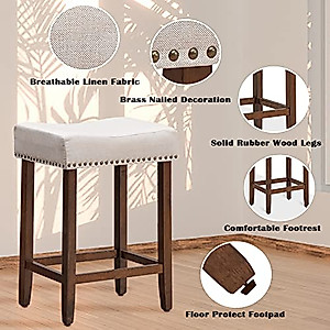 ERGOMASTER Counter Height Bar Stools Set of 2 Backless Fabric Barstools 24-Inch Modern Wood Saddle Bar Stools with Nailhead Trim for Kitchen Island Counter Tabel - Beige/Brown,2-Pack