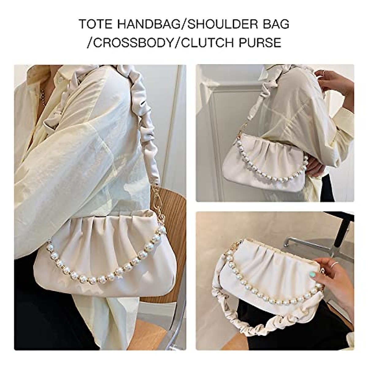 Clutch Purse Evening Shoulder Pleated Bag for Women Fashionable Tote Crossbody Handbags with Beaded Design Strap (White)