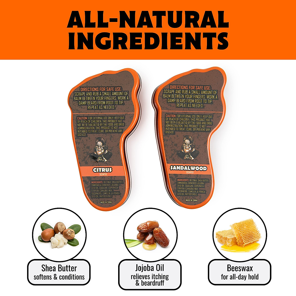 TAME THE WILD MAKE YOUR BEARD BEHAVE Bigfoot Beard Balm - Two 2.3 Oz Tins for Men with Shea Butter and Beeswax - Beard Conditioner - Sandalwood & Orange Citrus Scent